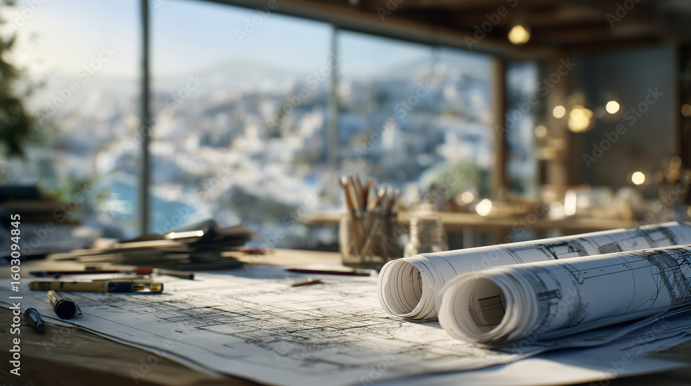Architectural workspace featuring multiple rolled and unrolled building ...