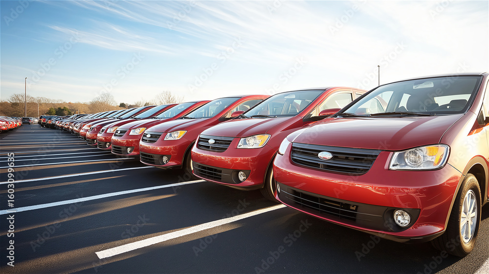 Row of new red SUVs parked in car dealership lot. Multiple identical ...