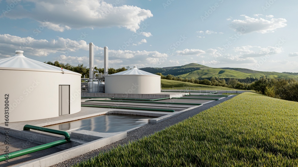 The clean, efficient architecture of a rural biogas plant, subtly ...