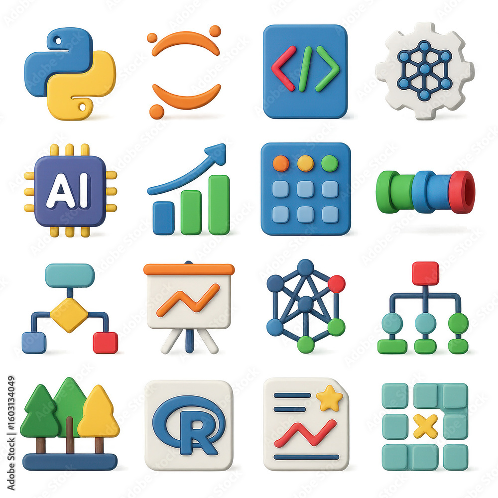 Programming 3d icon set: python, code, ai chip, data, graphs, neural network, trees, r ...