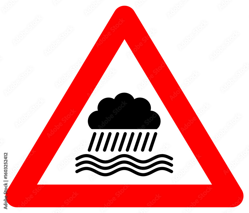 Ilustração Triangular warning sign indicating heavy rain and flood ...