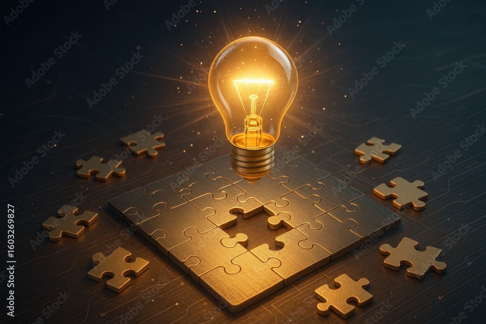Illuminating Insight: A glowing light bulb shines above a puzzle ...