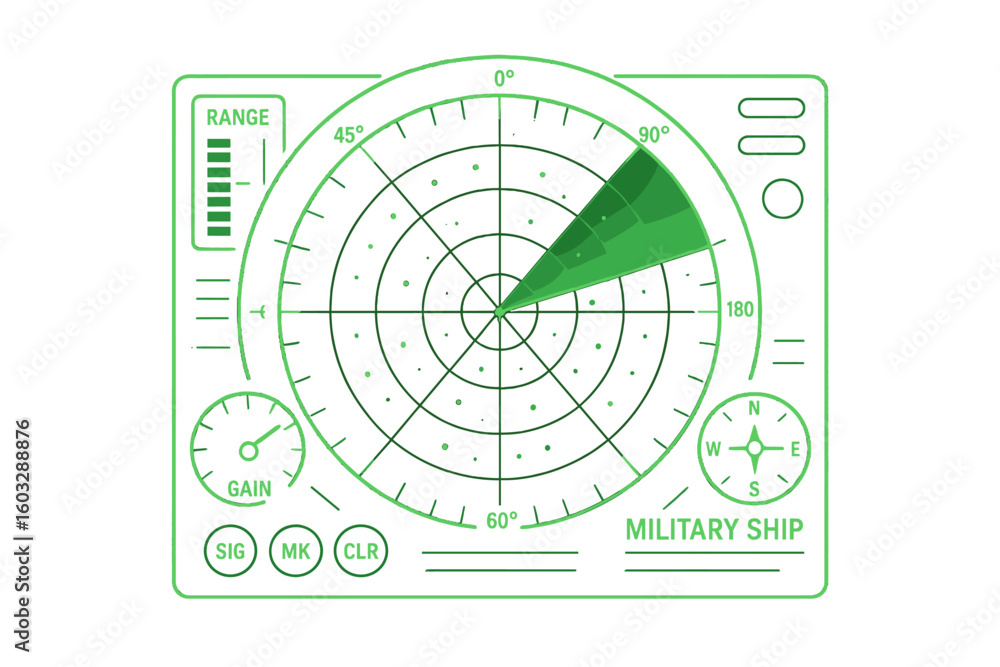 Military Radar Screen Interface Vector. Digital Sonar Detector, Target ...