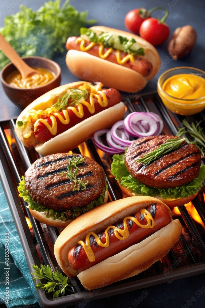 Grilled burgers and hot dogs prepared with toppings on an outdoor ...