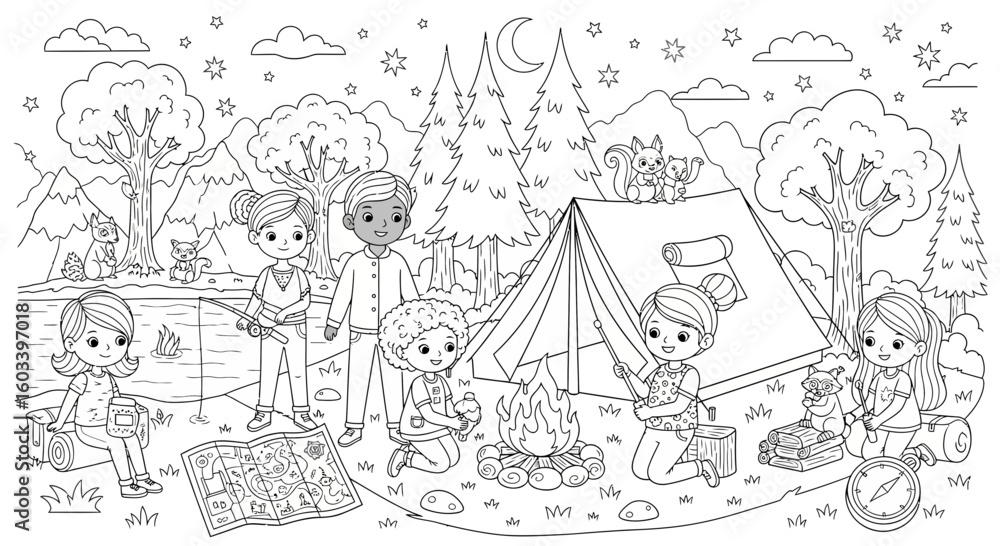Drawing to paint camping coloring page for kids outdoor adventure scene ...