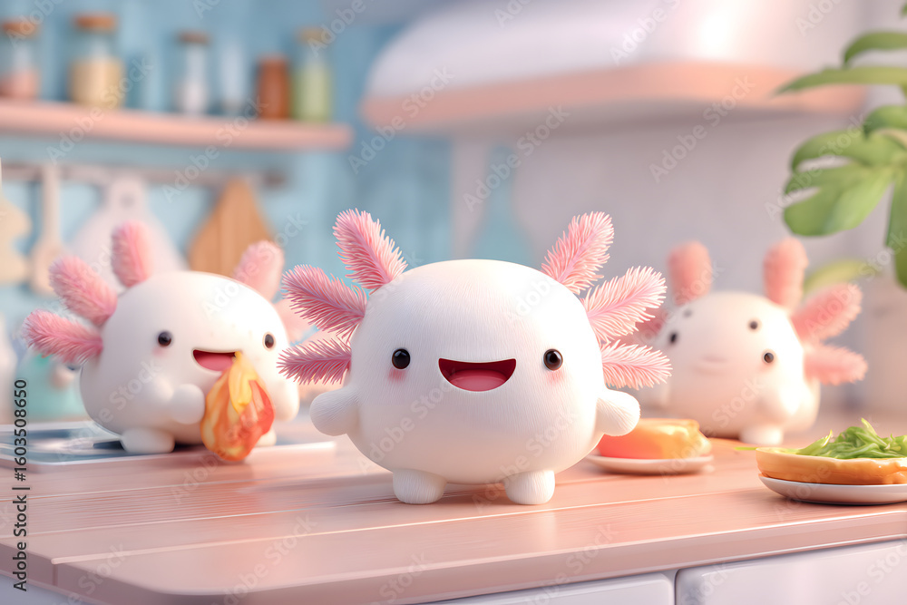 Cute cartoon axolotls cooking in a colorful kitchen setting Stock Photo ...