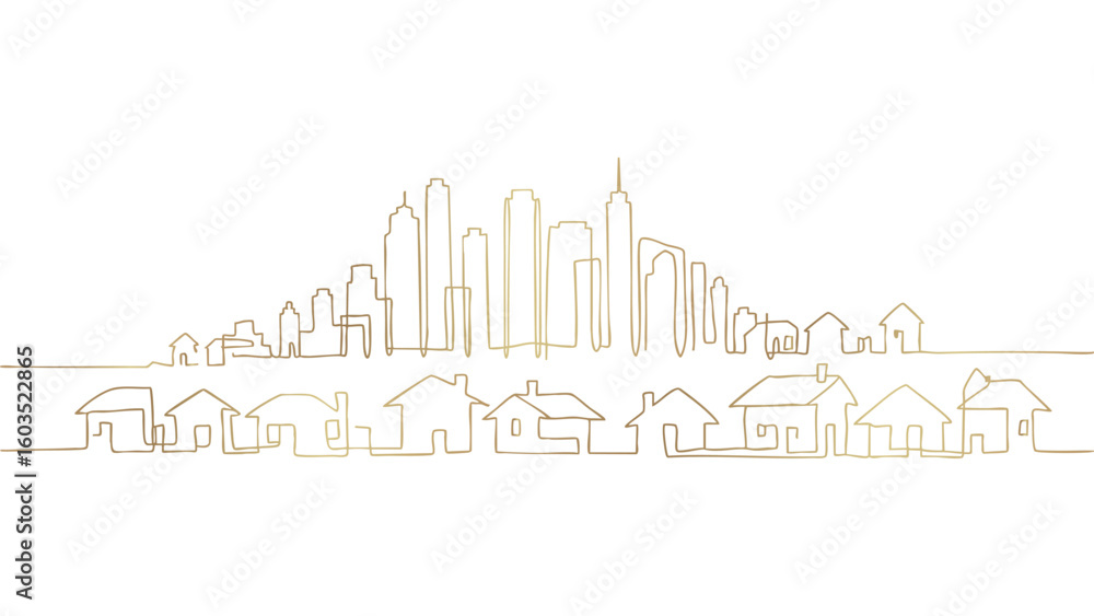 Golden Suburban Skyline Outline Vector Illustration on Transparent ...
