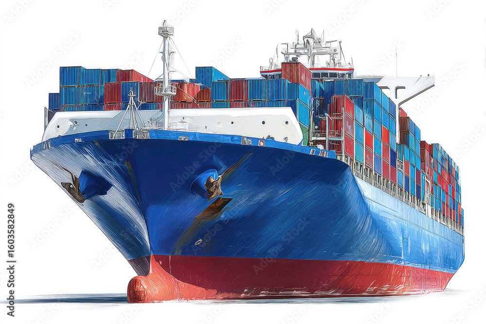 Large cargo ship, blue and red, full of containers Stock Photo | Adobe ...