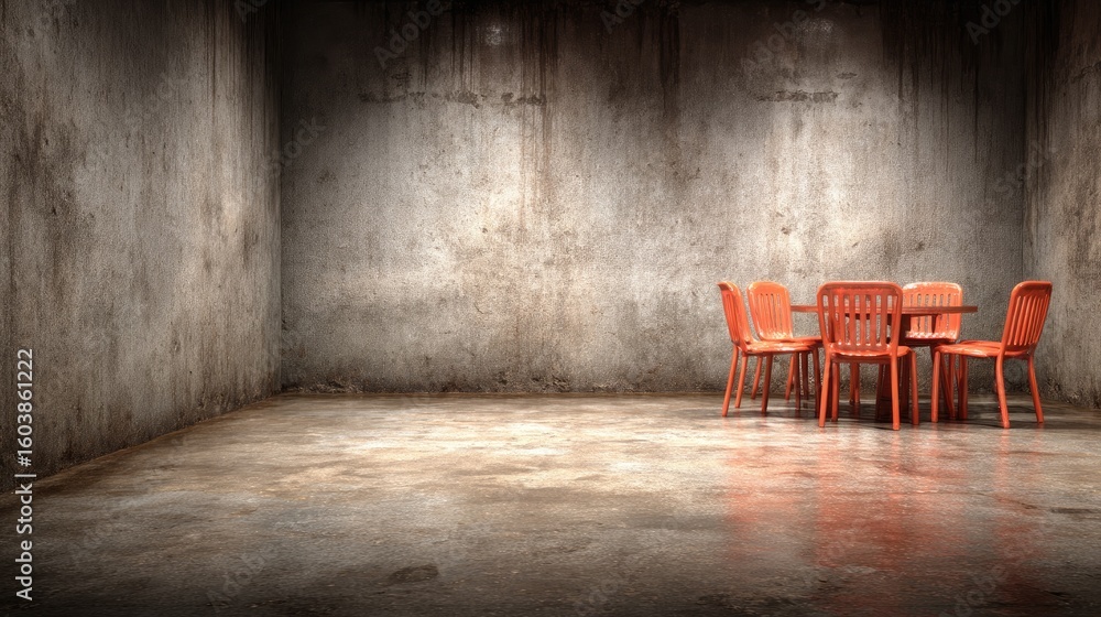 Interior of a gritty, concrete room with orange plastic chairs and a ...