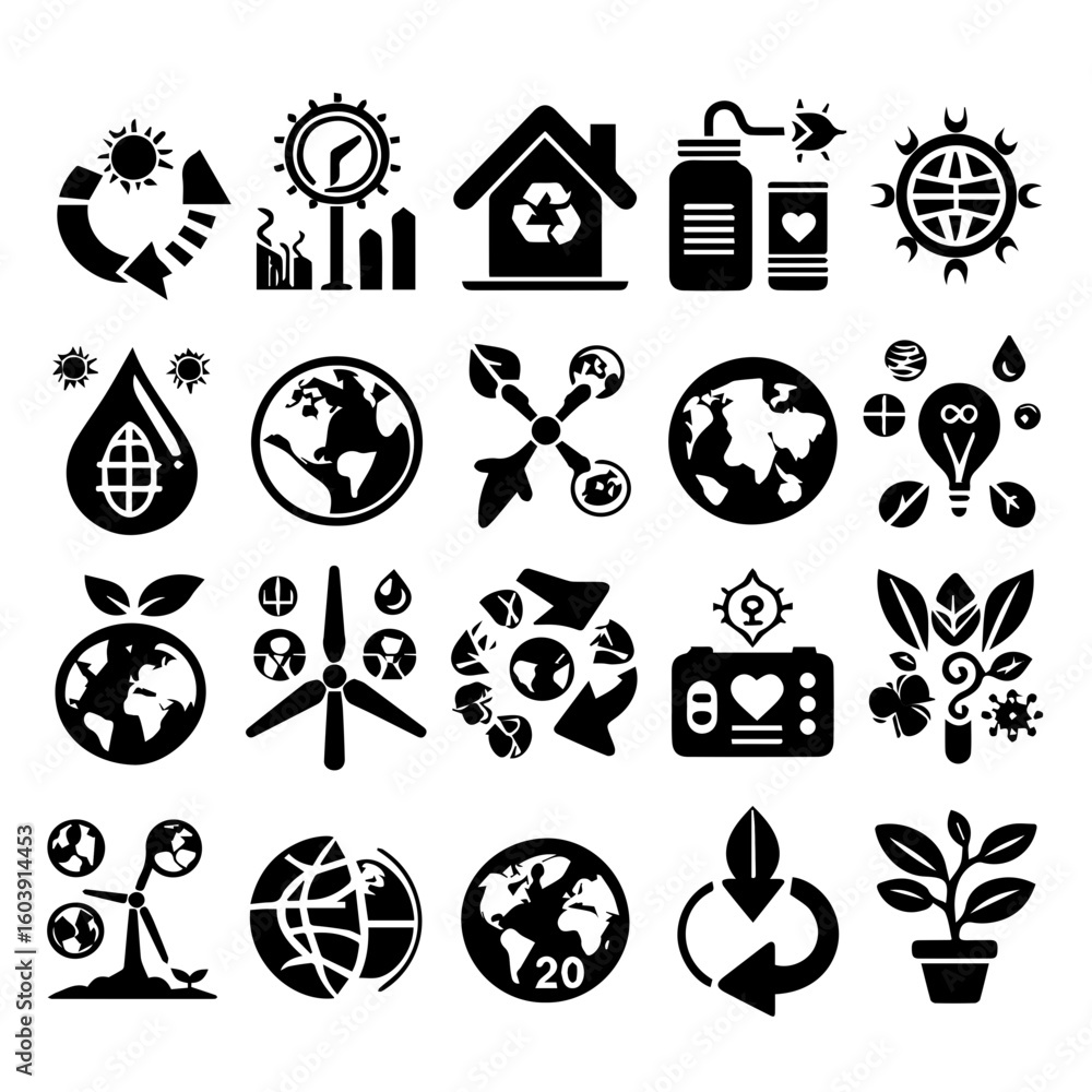 Collection of twenty black and white ecology and environmental icons ...