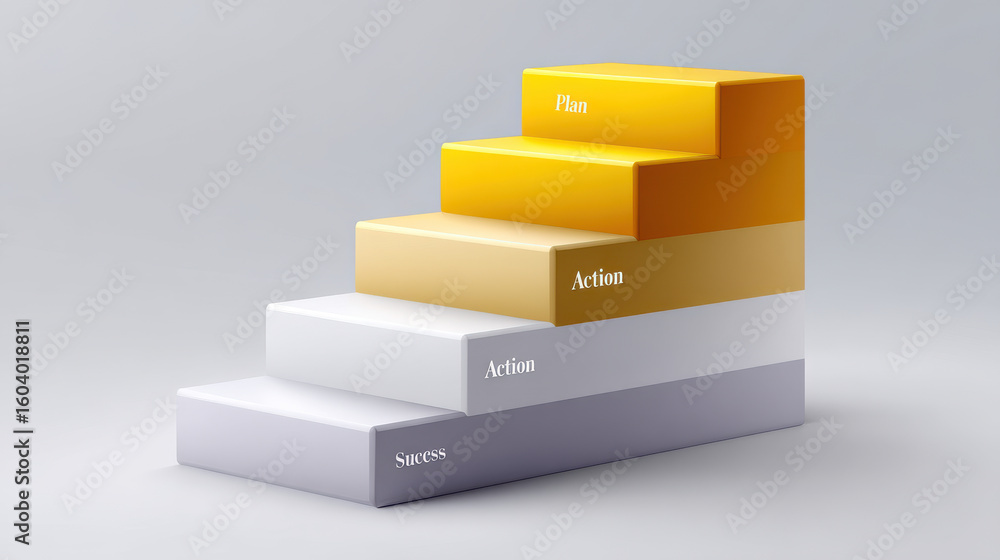 Steps labeled plan and action in yellow and white colors on success ...
