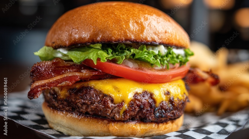Authentic American burger with large beef patty, cheddar cheese, tomato ...