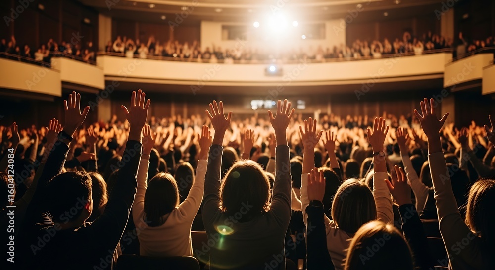Foto de Stock Enthusiastic Audience Raising Hands in Concert Hall ...