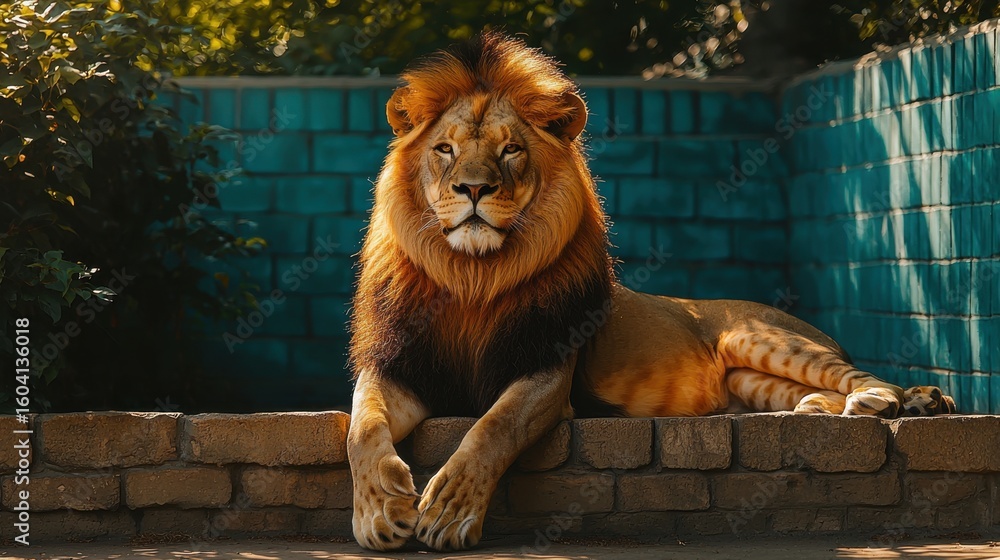 ภาพถ่าย Stock Majestic male lion resting on a brick ledge with a ...