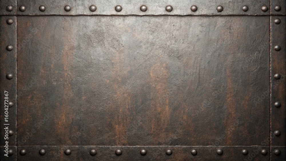 A closeup of a rusted metal sheet with rivets forming a border around ...