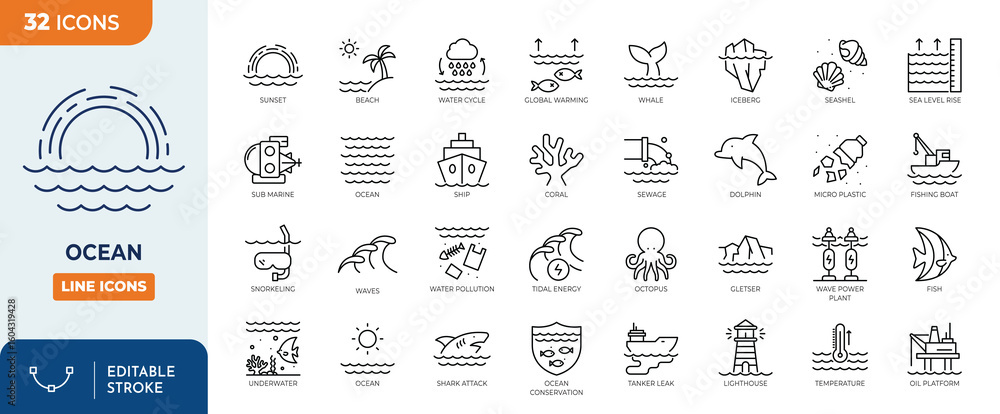 Ocean line editable icon set. Containing sea, ocean, marine, underwater ...