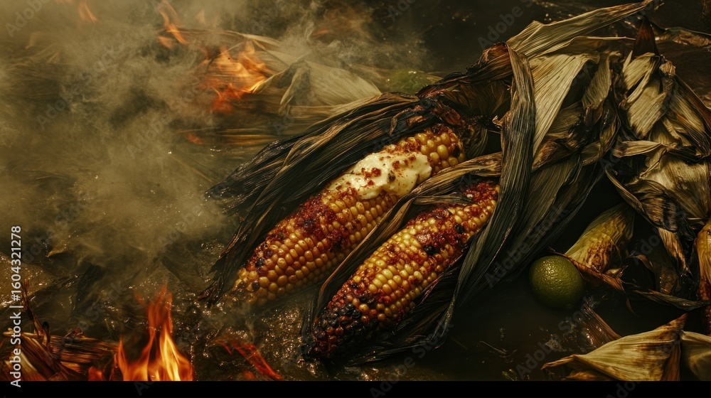 Roasted corn on the cob, wrapped in leaves, over a fire. Smoky, rustic ...