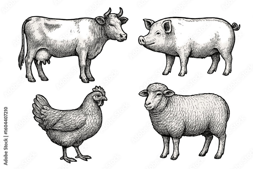 Farm animals set vector illustration. Cow, pig, chicken, sheep ...