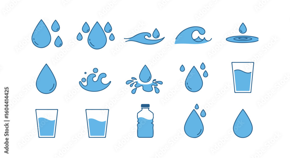 Water icon pack, liquid and drink icon set, droplets, waves, and water ...