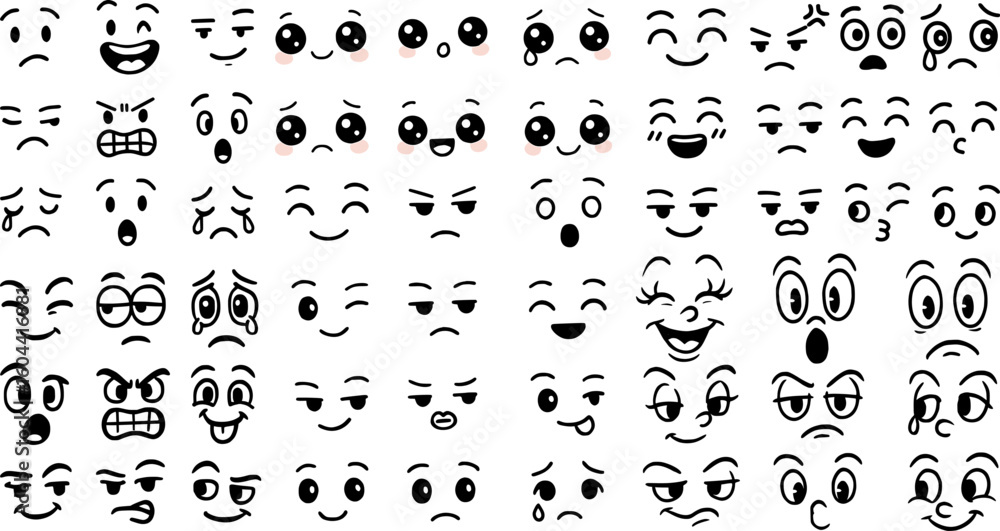 Cartoon Face Reactions Stroke Icon Collection. Includes Emotions ...
