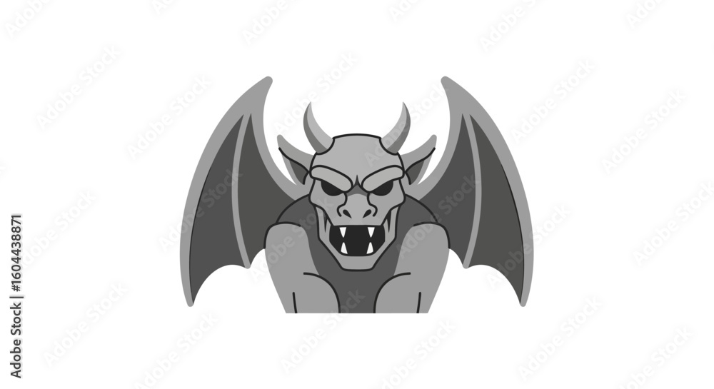 Cartoon gargoyle illustration with spread wings, gray color scheme, and ...