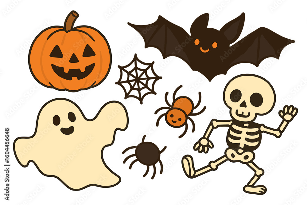 Cute Halloween cartoon icons set with jack-o-lantern pumpkin, smiling ...