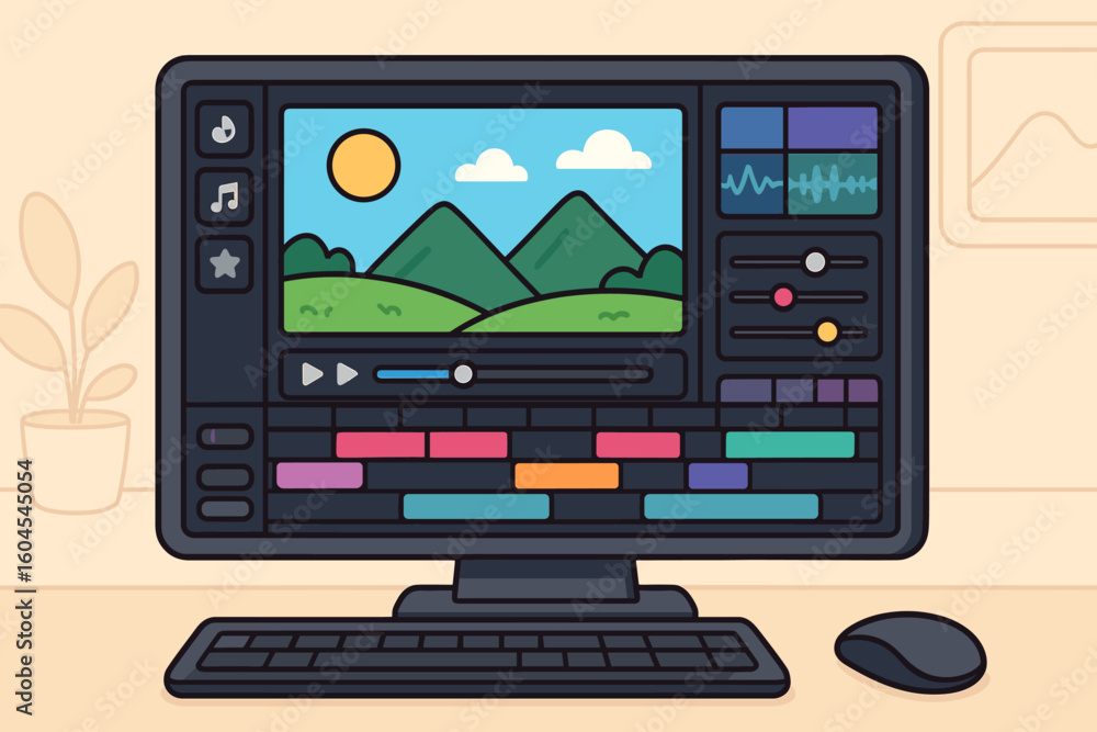 Video editing software interface on desktop computer monitor with timeline tracks, audio ...