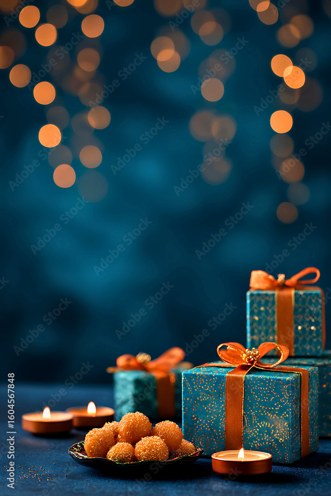 Festive holiday gifts and sweets illuminated by warm bokeh lights ...