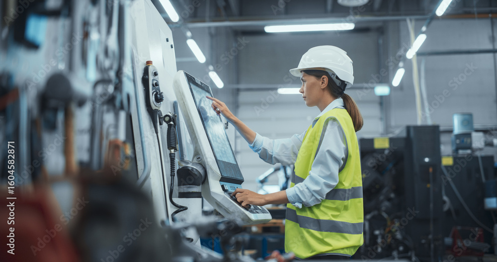 Female Machinery Technician Using Laptop Computer and Programming a CNC ...