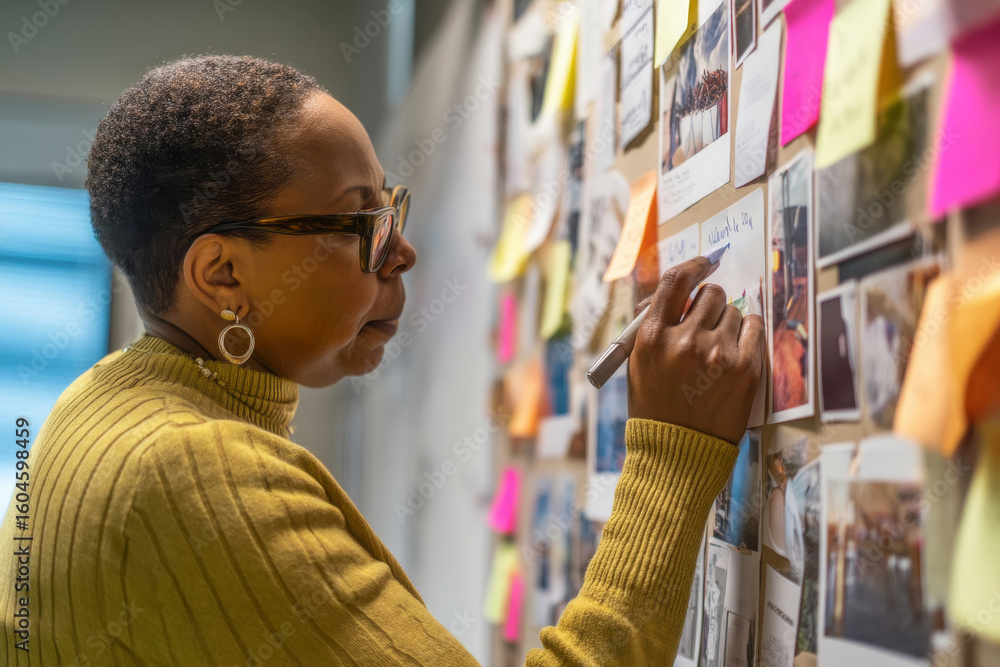 A mature Black woman assembles a digital vision board for a quarterly ...