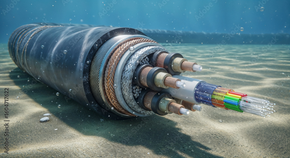 3D Render of Submarine Fiber Optic Cable Lying on Seabed with Exposed ...