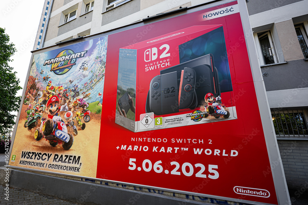 Advertisement banner for Nintendo Switch 2 in Warsaw, Poland, featuring ...