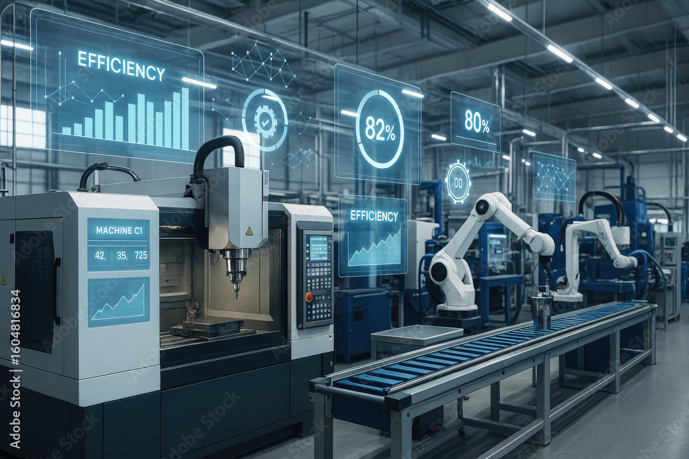 Automated factory with robotic arms and digital efficiency displays ...