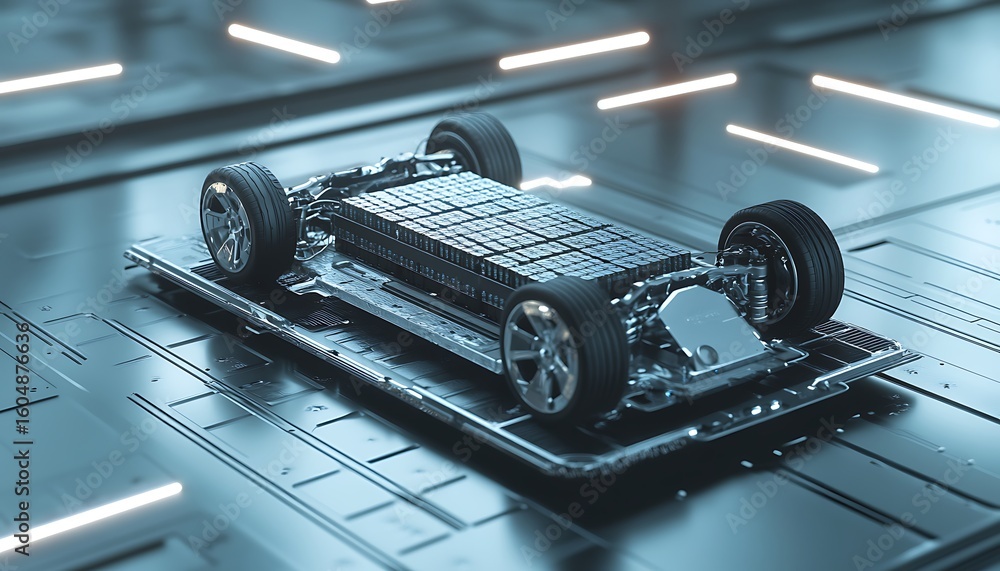 Electric Car Chassis with Battery Pack and Wheels on Industrial Floor ...