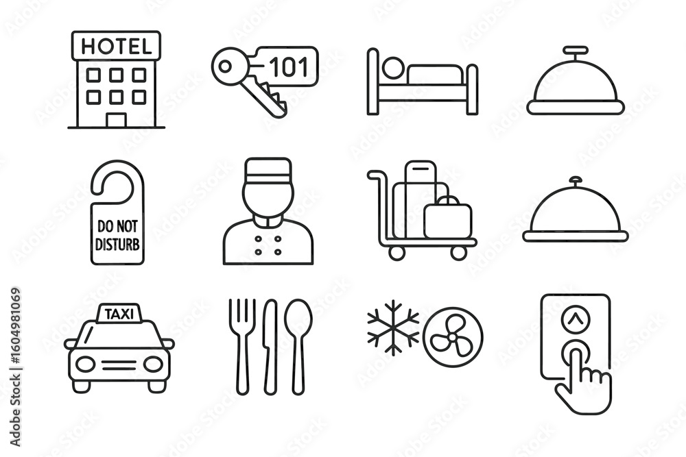 Hotel icon set: hospitality symbols for accommodation services Stock ...