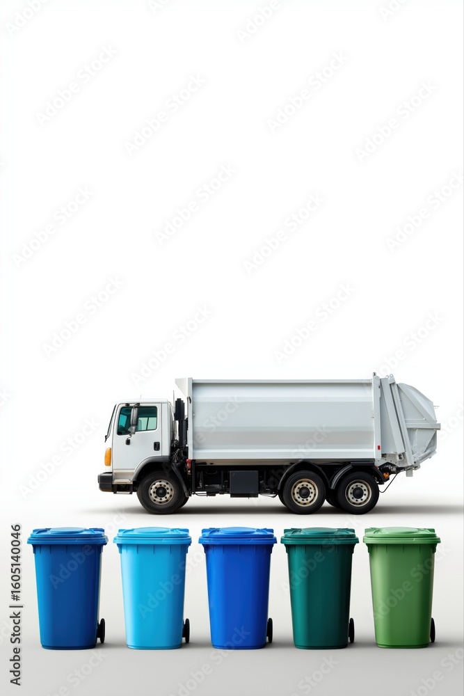 Garbage truck and recycling bins representing waste management and ...