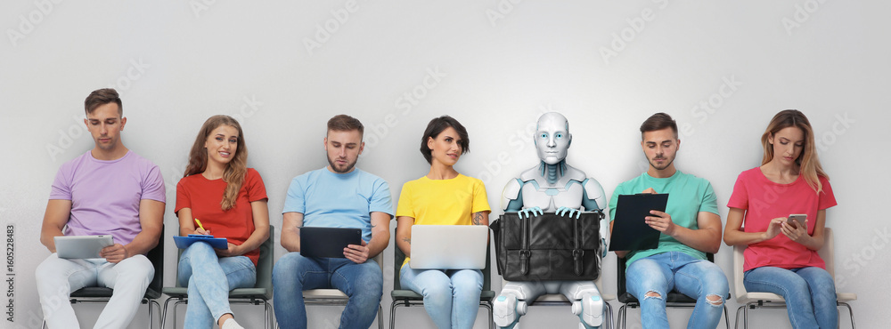 Robot and people waiting for job interview. Replacing human workers ...