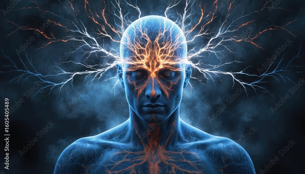 Conceptual image of human nervous system glowing with electric pathways ...