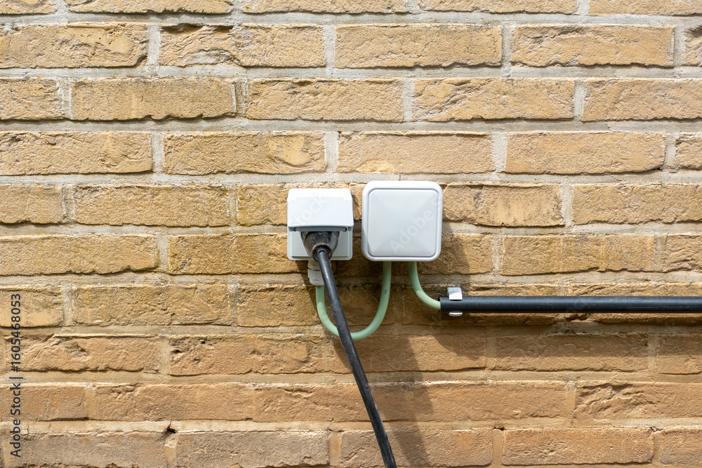 Outdoor electrical outlets mounted on a brick wall, connected by wires ...