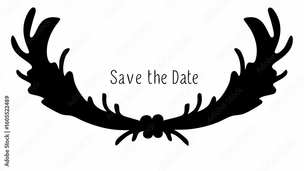 Black silhouette of deer antlers framing the words save the date in a ...