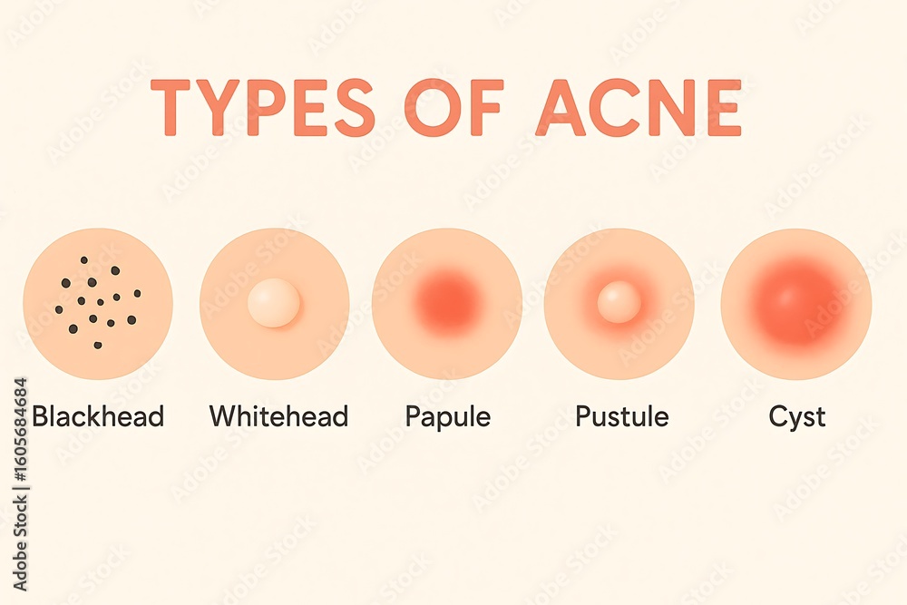 An informative illustration showing various types of acne blackhead ...