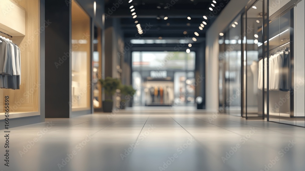 Empty mall hallway with glass doors and large windows, featuring a ...