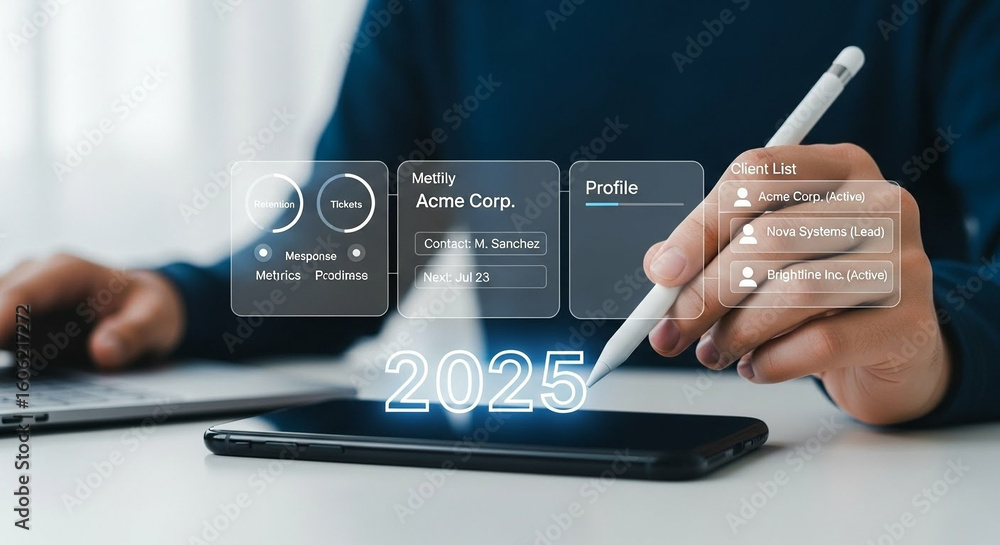 Client management dashboard with stylus interaction showing profile and ...