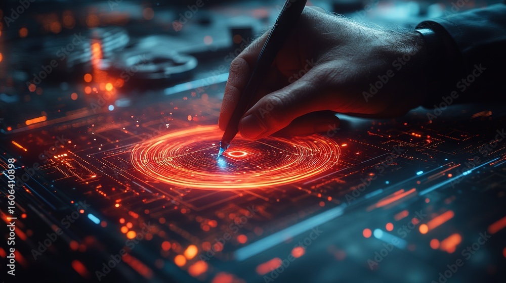 Cybersecurity expert tracing a hacker's digital trail on a holographic ...