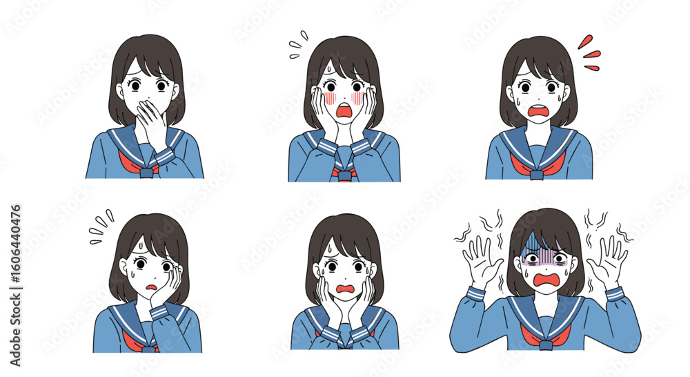 Vetor Collection of anime school girl expressions showing a range of ...