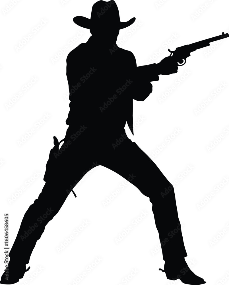 Silhouette of a Cowboy Pointing a Gun Isolated on White Background ...