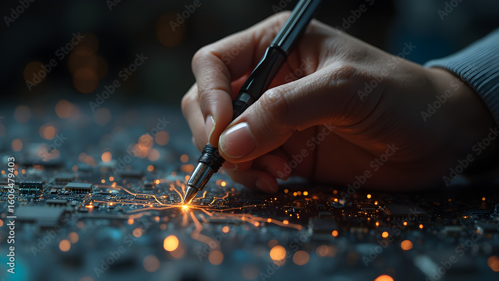 Hand sketching circuit designs. Ultra realistic light pen technology ...