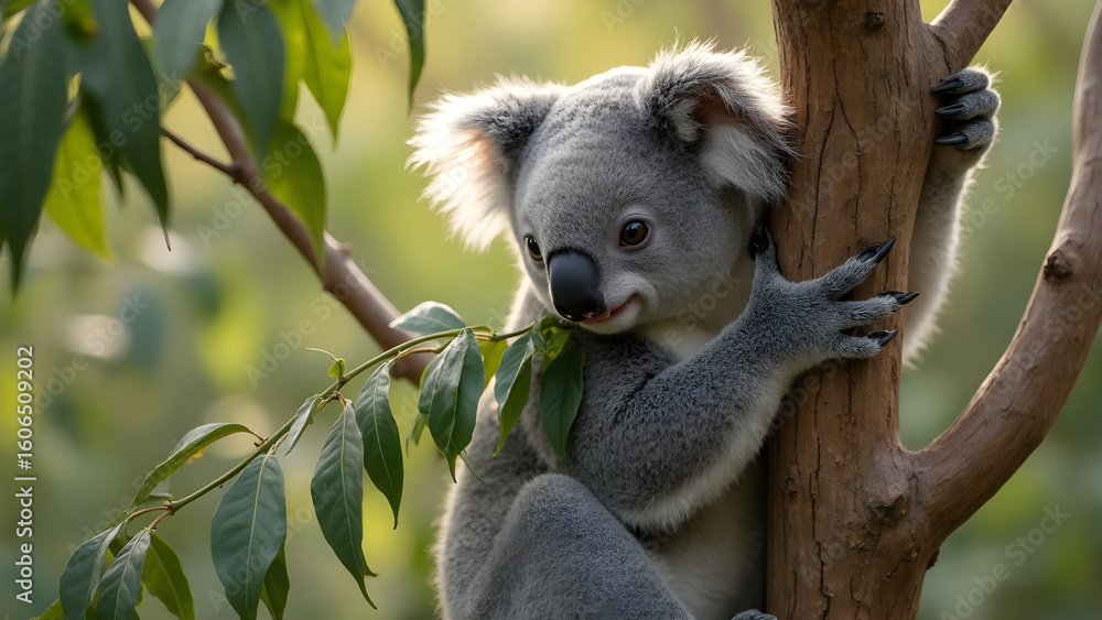 Koala eating eucalyptus leaves. Ultra realistic koala in a tree ...