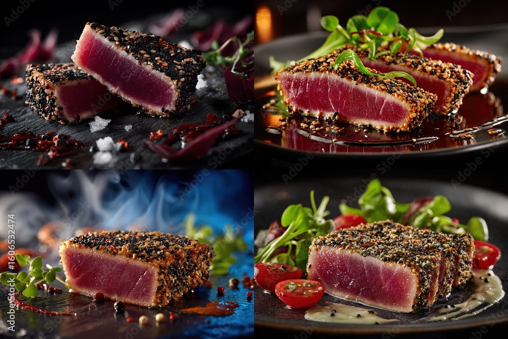 Four images of seared tuna steaks with sesame crust, cooked medium-rare ...