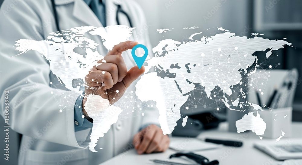 Foto de Stock Doctor pointing at a location pin on a world map showing ...